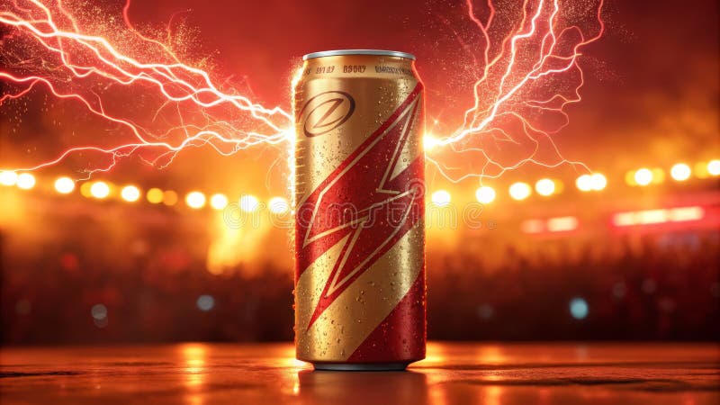 Front View Z-Energy Drink Can, Red and Gold, Electric Spark Background ...