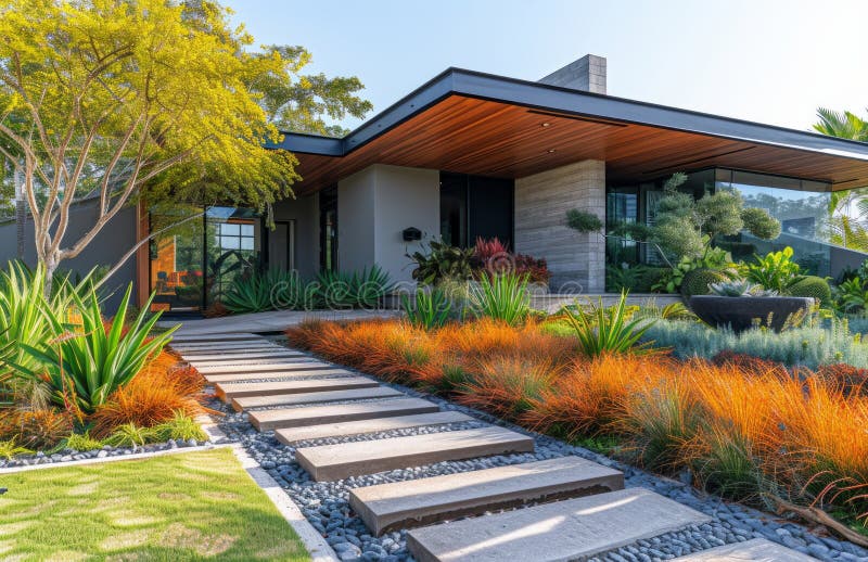 A Front Walkway with Plants from the Ground Stock Image - Image of ...