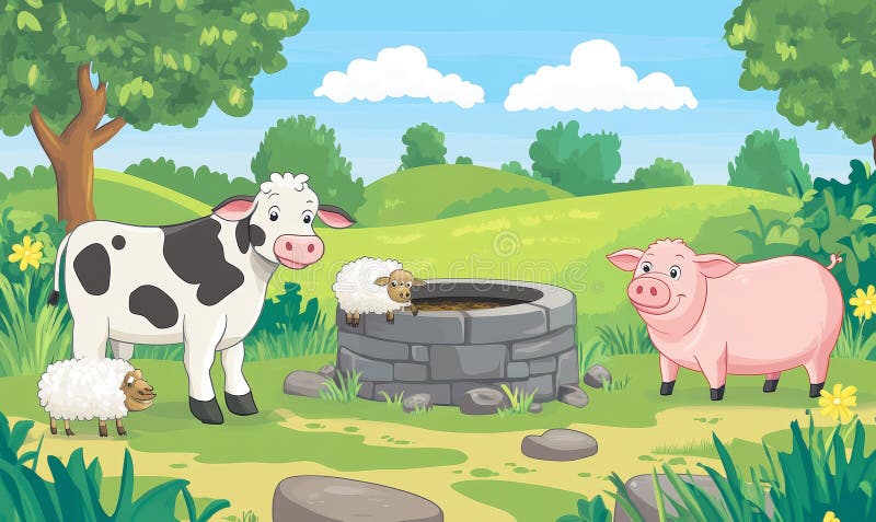 In Front of a Well, a Cartoon Animal Farm is Playing Stock Photo ...