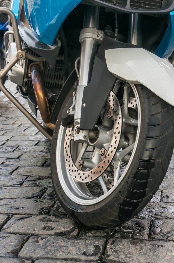 The Front Wheel and Tire of a Motorcycle Stock Photo - Image of ...