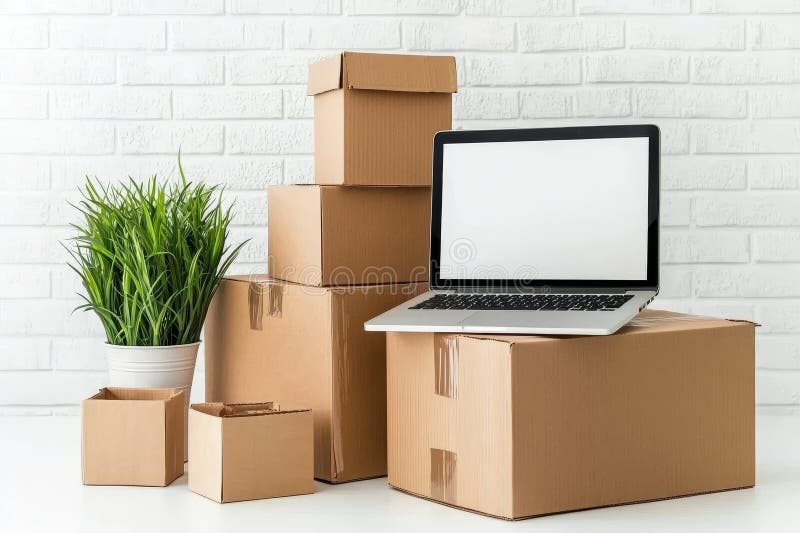 In Front of a White Brick Wall, a Laptop is Blank and There are Moving ...