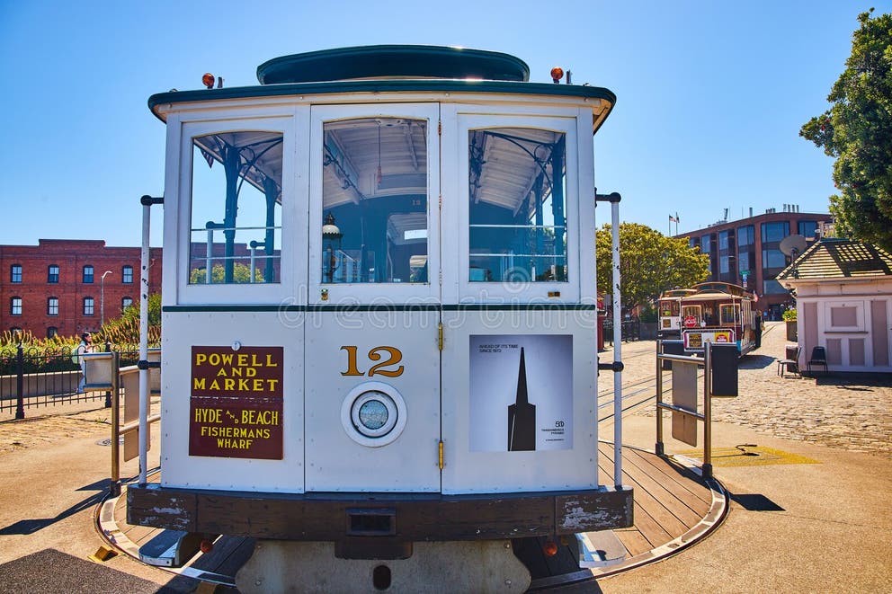 Front of White Streetcar 12 at End of Path on Rotating Circular ...