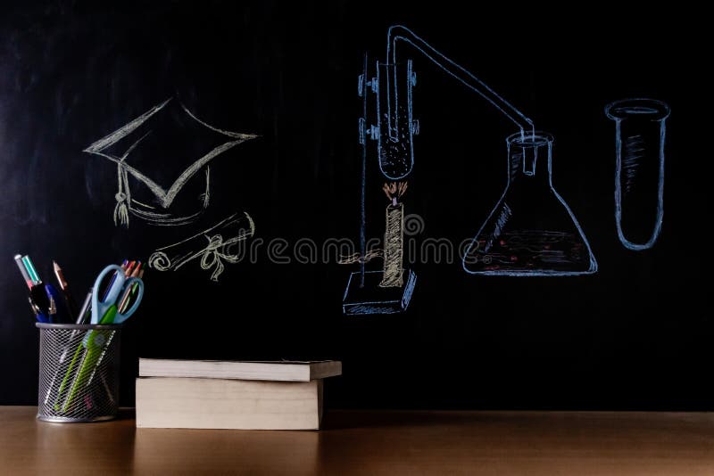 Front Wide Shot of a Blackboard with Laboratory Set-up Drawn with ...