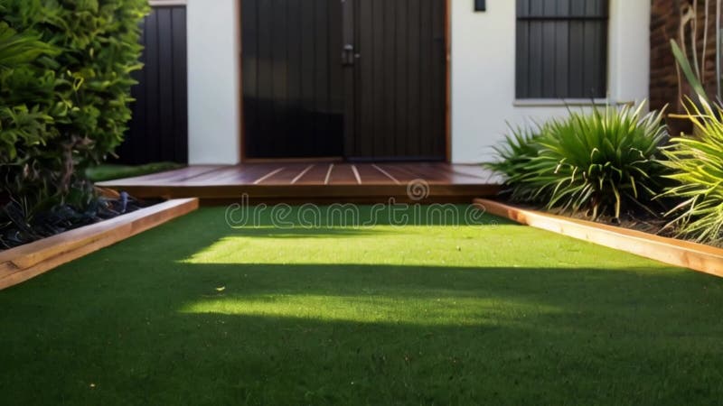 Front Yard of a Home Featuring Artificial Grass Lawn and Timber Edging ...