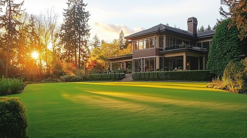 Front Yard of a House with Trees, Plants and Green Lawn Stock Image ...