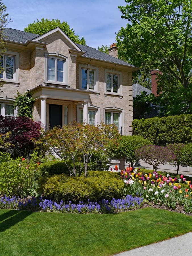 Front Yard with Spring Flowers Stock Image - Image of front, house ...