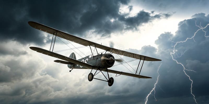 Frontal Attack of the Airplane-biplane Against Stormy Sky Stock ...