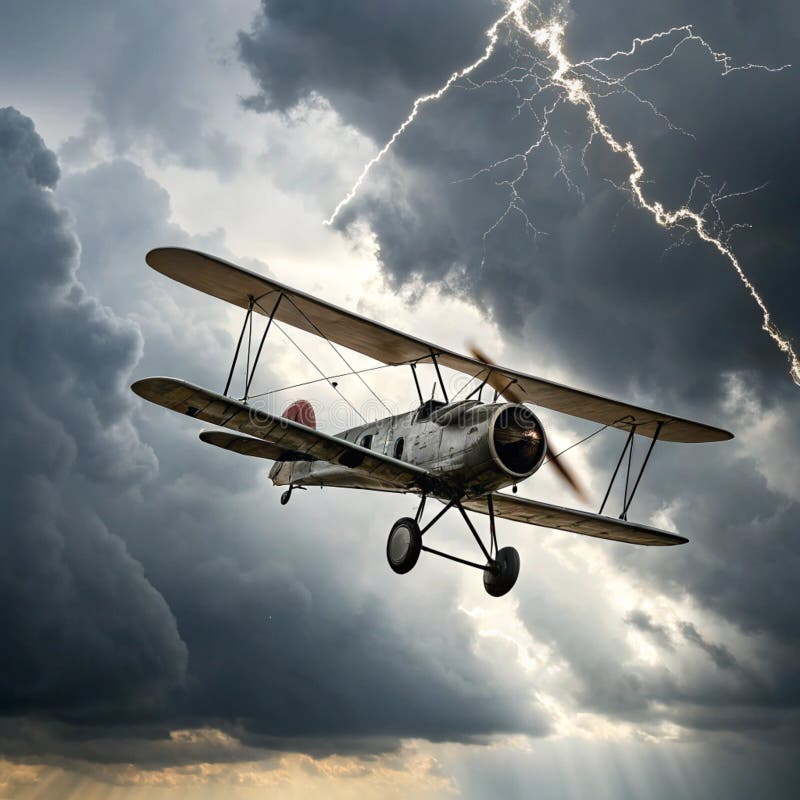 Frontal Attack of the Airplane-biplane Against Stormy Sky Stock ...
