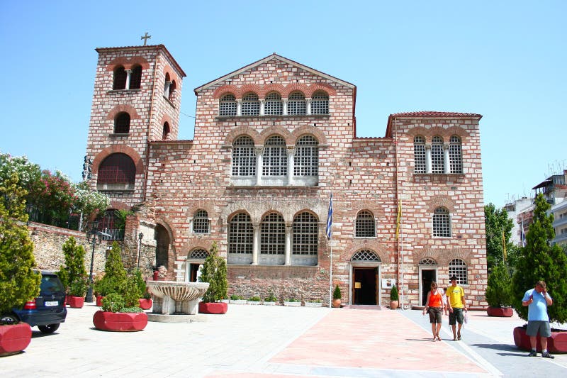 Brick Orthodox Basilica Facade with Bell Tower, Khalkidiki, Greece ...
