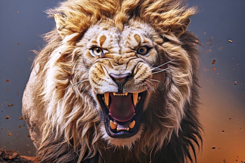 Frontal Portrait of an Angry Roaring Male Lion Stock Illustration ...