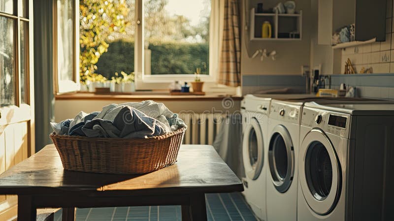 Frontal Shot, Beautiful Image of a Laundry Room, There is a Table in ...