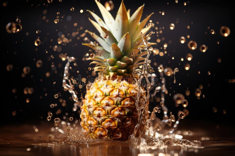Frontal Sight of Fresh Golden Pineapple Falling Whole on the Free Sp ...