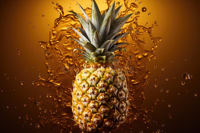 Frontal Sight of Fresh Golden Pineapple Falling Whole on the Free Sp ...