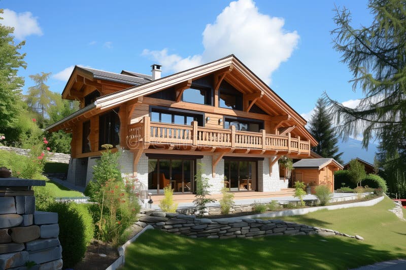 Frontal View of Chalet Facade with Wooden Beams Stock Image - Image of ...