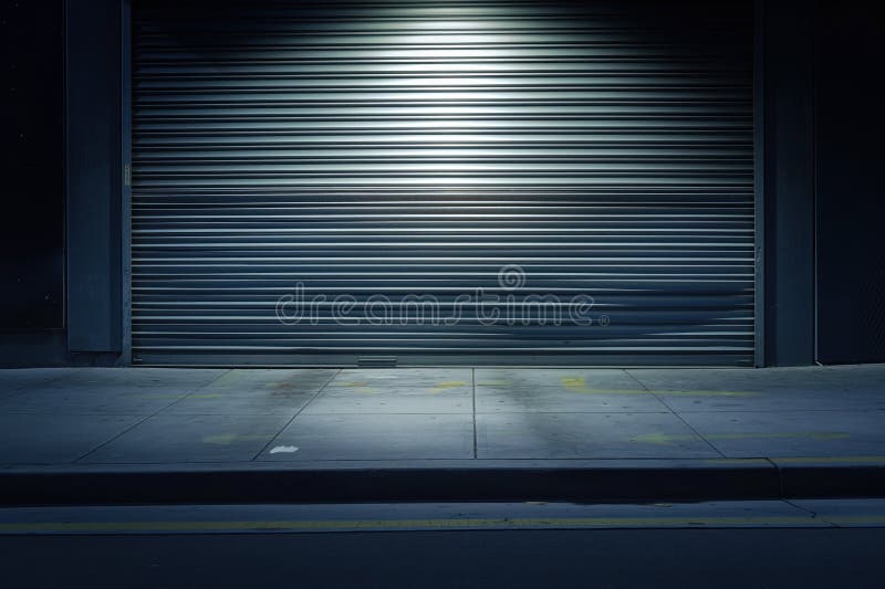 Frontal View of a Closed Metal Roller Shutter at Night. Empty Sidewalk ...