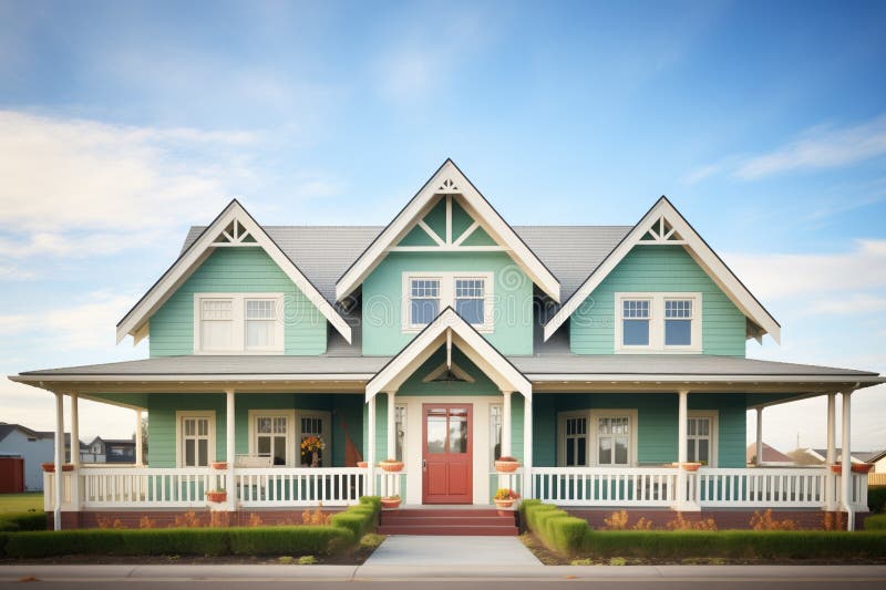 Frontal View of Farmhouse with Double Gables Stock Image - Image of ...