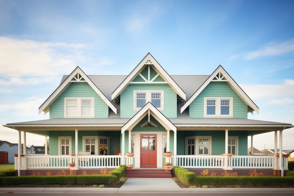 Frontal View of Farmhouse with Double Gables Stock Image - Image of ...