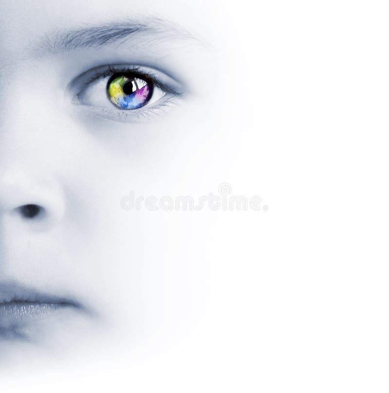 Viso Di Bambino, Occhio Colorato E Mappa Fotografia Stock - Immagine di ...