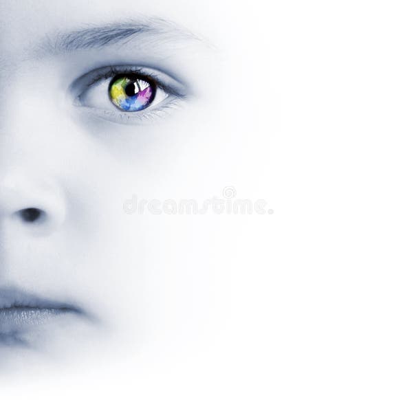 Viso Di Bambino, Occhio Colorato E Mappa Fotografia Stock - Immagine di ...