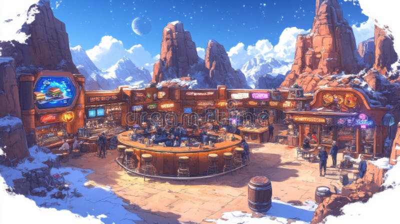 Frontier Bar & Eateries in Snowy Mountains Stock Illustration ...