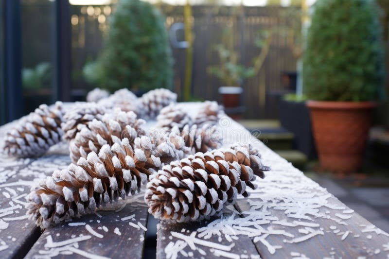 Frost-coated Pinecones Scattered Across a Patio Stock Illustration ...