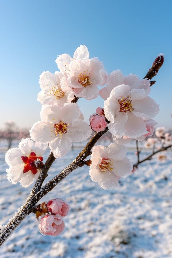 Frost-covered Almond Blossoms on a Snowy Branch Stock Illustration ...