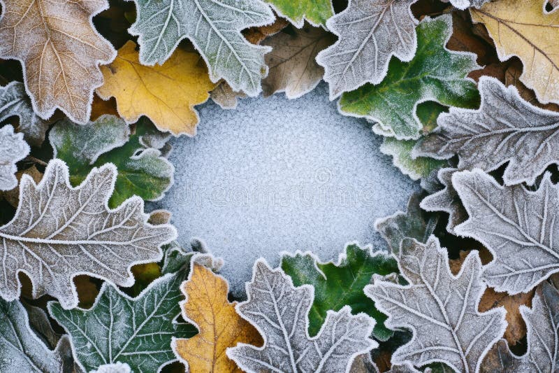 Frost-Covered Autumn Leaves Form a Colorful and Textured Natural Frame ...
