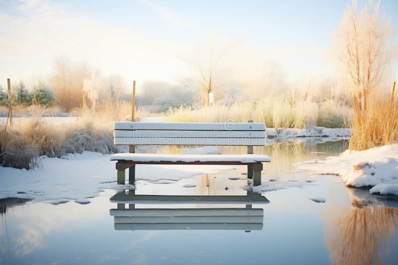 Frost-covered Bench Overlooking an Icy Pond Stock Illustration ...
