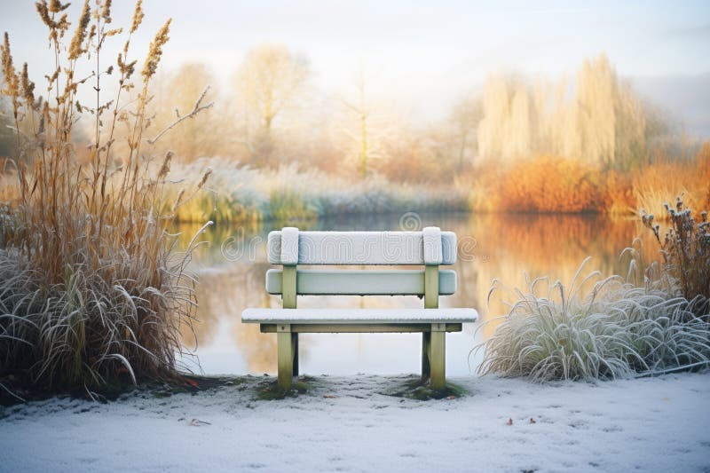 Frost-covered Bench Overlooking an Icy Pond Stock Illustration ...