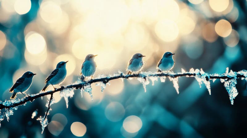On a Frost-covered Branch in a Winter Wonderland, Five Fluffy Robins ...