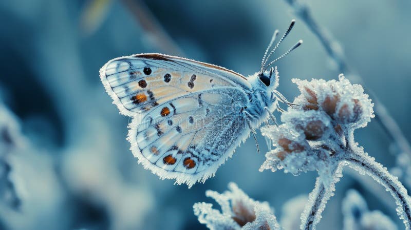 A Frost-Covered Butterfly Perched on a Frozen Branch Stock Illustration ...