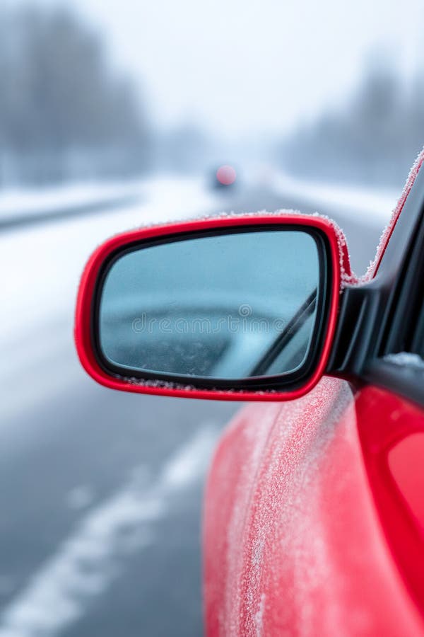 Frost Covered Car Mirror with Icy Road in Winter Scene Stock Photo ...