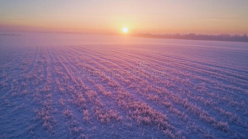 Frost-Covered Field at Sunset with a Hazy Horizon Stock Illustration ...