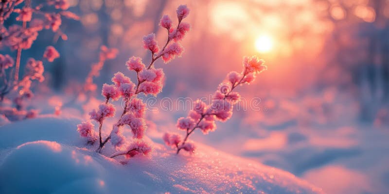 Frost Covered Flowers. Bright Winter Sunlight, Cold Weather. Blurry ...
