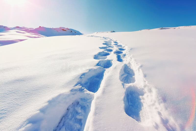 Frost Covered Footprints Create a Path Across a Pristine Snowfield ...
