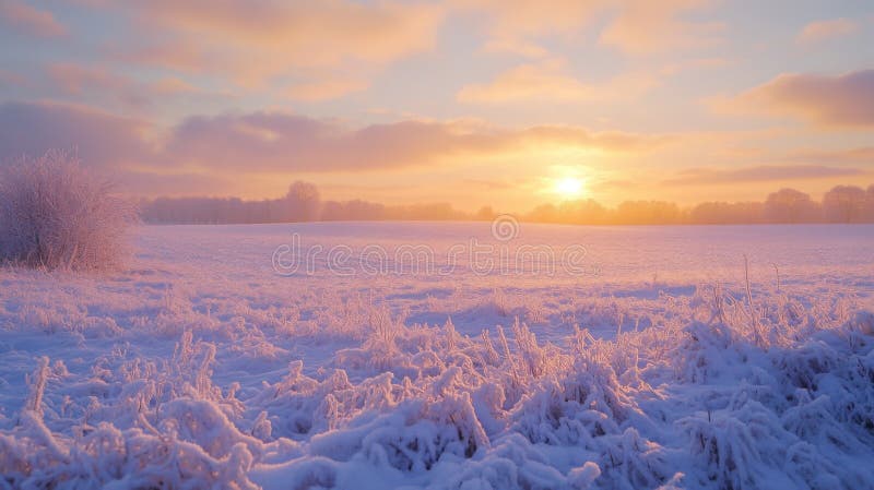 Frost-Covered Grass and Trees at Sunset in a Snow-Covered Field Stock ...