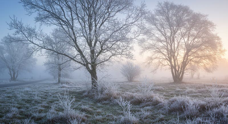 Frost-covered Landscape with Leafless Trees and Icy Grass Under a Dim ...