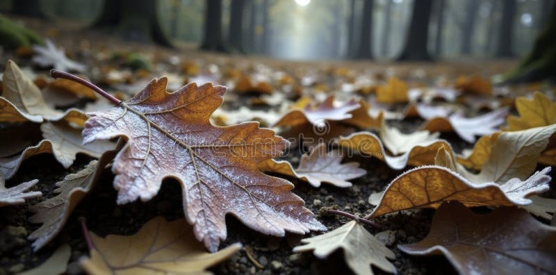 Frost Covered Oak Leaves Scattered on Forest Floor, Beige, Decay ...