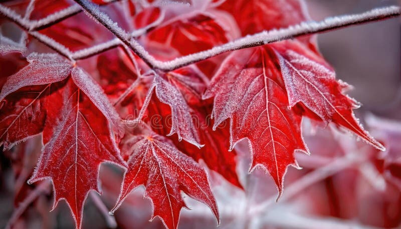 Frost-covered Red Maple Leaves on a Branch, Highlighting the Textures ...