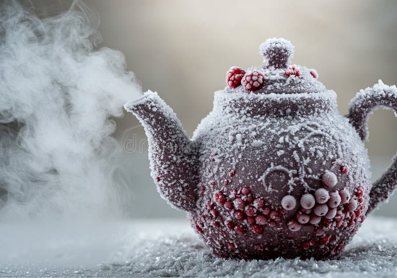 Frost-covered Teapot with Berries and Steam: Wintertime Warmth Stock ...