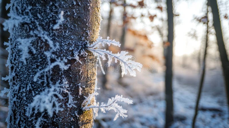 Frost Covered Tree Bark in Serene Winter Woodland Setting Stock Photo ...
