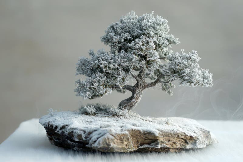 Frost Covered Tree on Rock, Showcasing Winter Serene Beauty Stock Photo ...