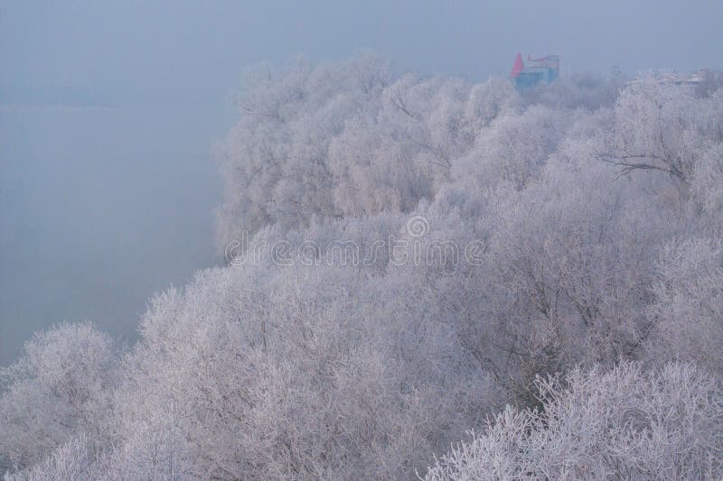 Frosty Winter Landscape with Distant Building. Stock Photo - Image of ...