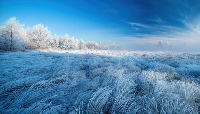 Frost-covered Winter Meadow Under Clear Blue Sky, Background Concept ...