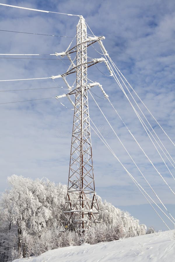 Broken Phase Electrical Power Lines with Hoarfrost on the Wooden ...