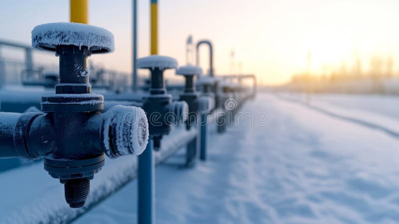Fisheye Angle View of Frost Coated Gas Distribution Station in Snowy ...