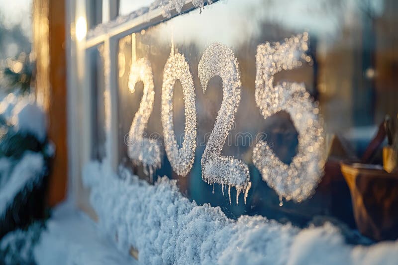 Frost Forming the Number 2025 on Window during Sunset Stock ...