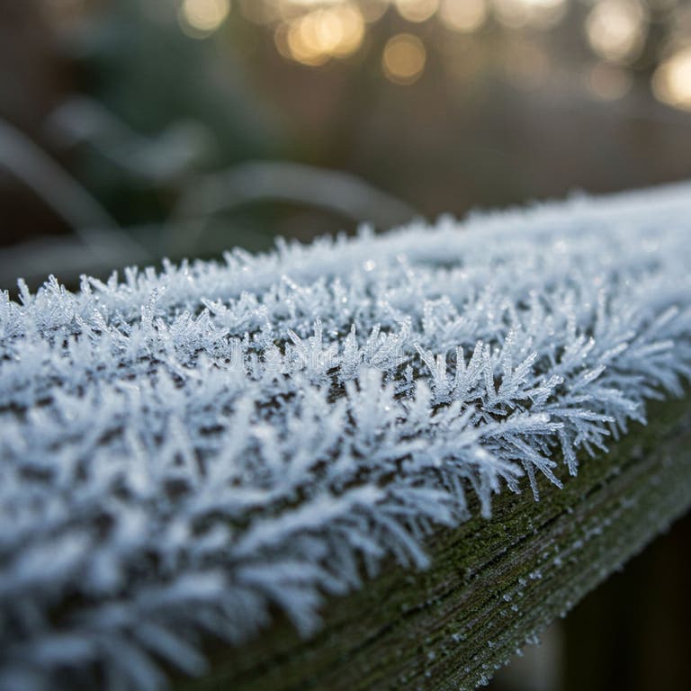 Frost Forms Intricate, Spiky Patterns on a Wooden Surface, Creating a ...