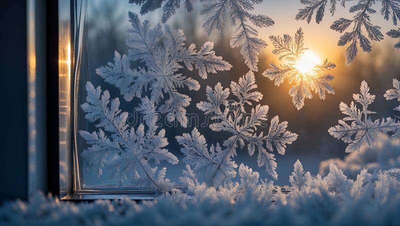 Stunning Frost Patterns on Window at Sunrise Stock Illustration ...
