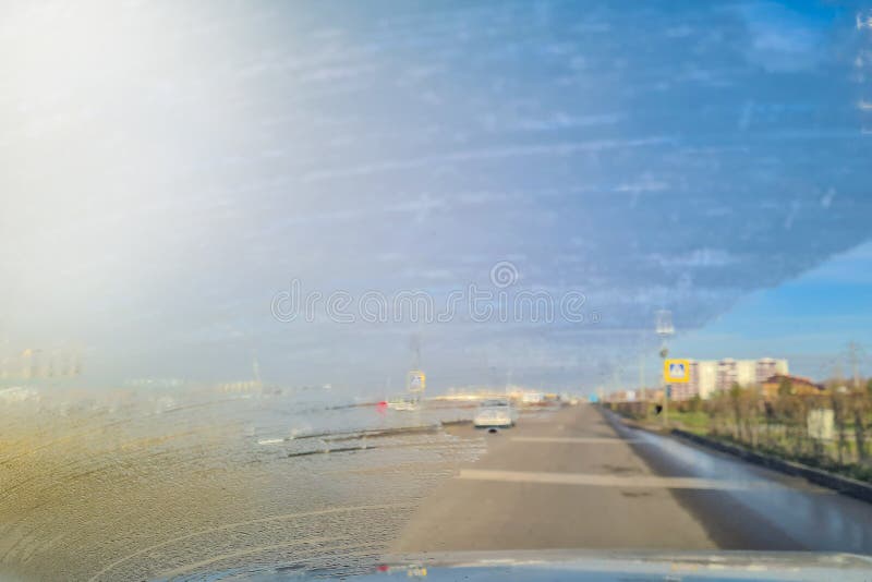 Poor Visibility through Wet Windscreen while Driving Car on Street in ...